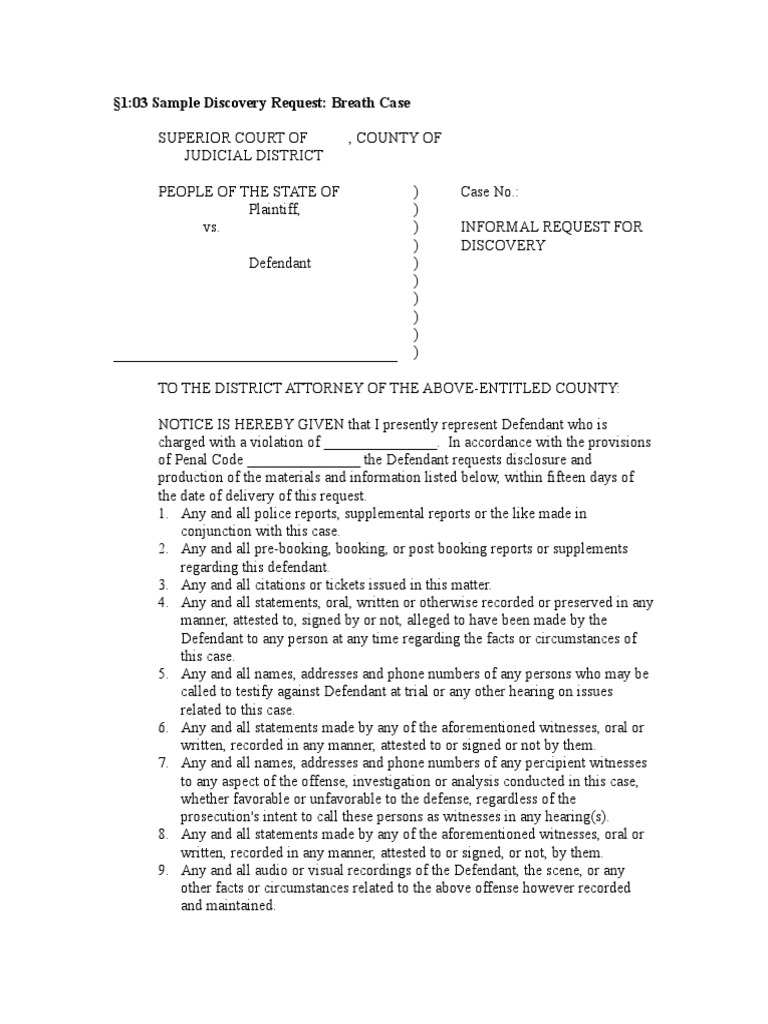 1:03 Sample Discovery Request: Breath Case | PDF | Discovery (Law ...