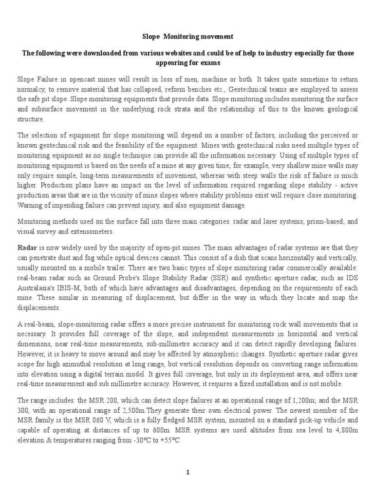 Slope Stability Monitoring Movement 1 | PDF | Radar | Surveying