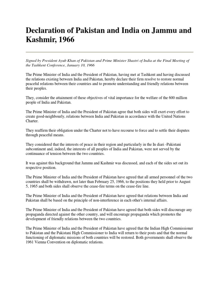 Declaration of Pakistan and India On Jammu and Kashmir | PDF | Pakistan ...