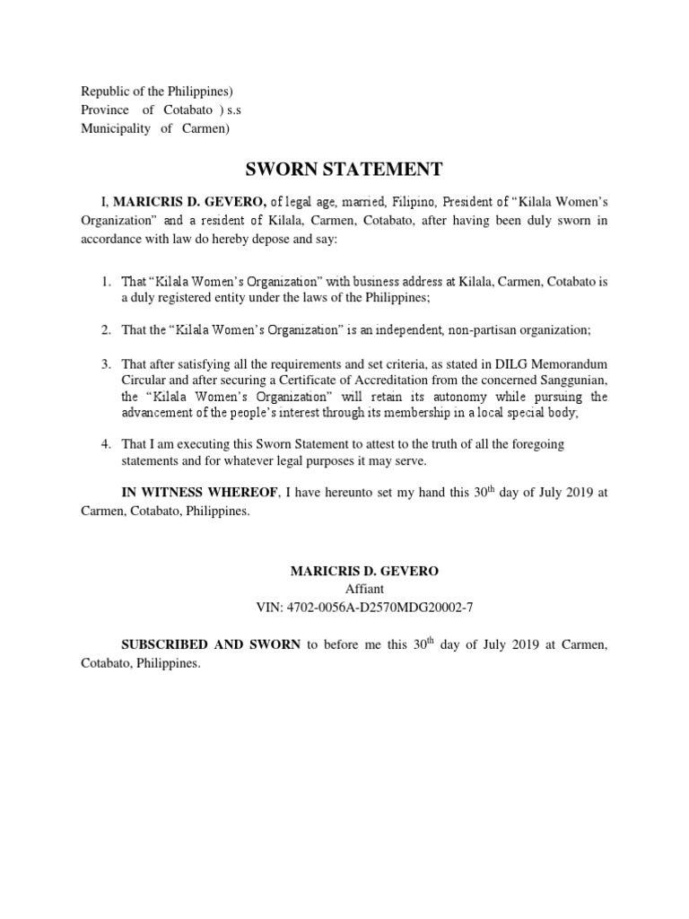 Gevero Sworn Statement (Cso) | PDF