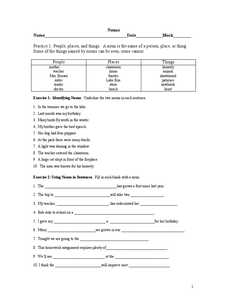 Noun Practice Pages | PDF | Noun | Linguistic Morphology