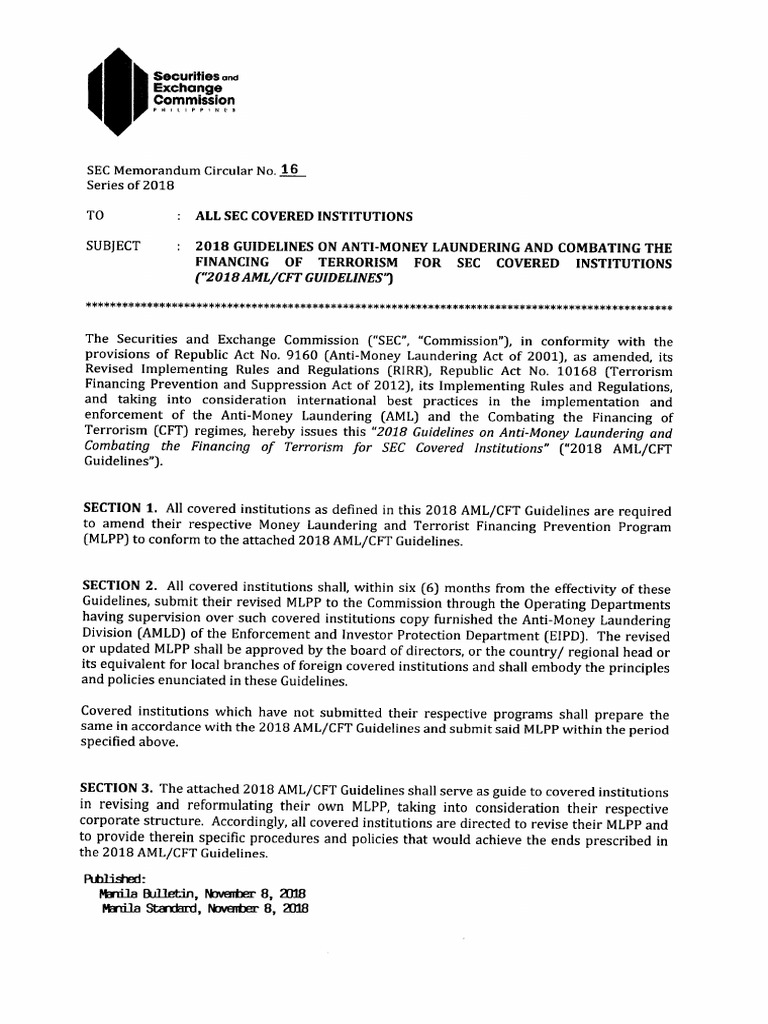 SEC Memorandum Circular No. 16, Series of 2018 PDF | PDF
