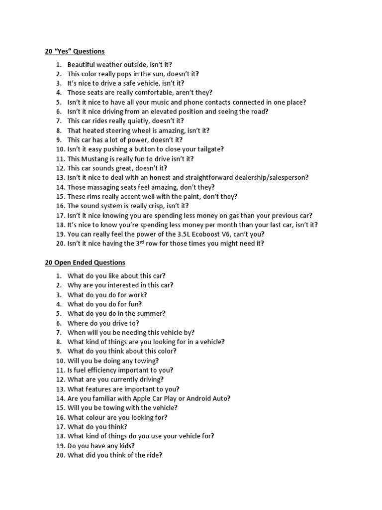 20 "Yes" Questions | PDF | Car | Private Transport