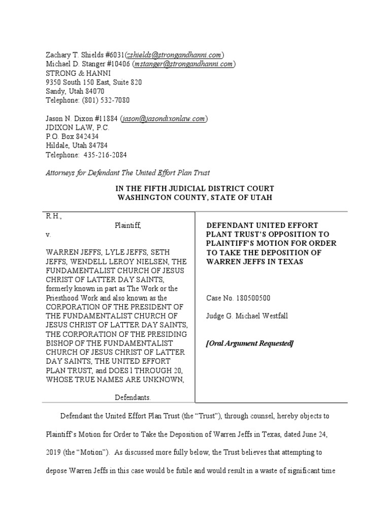 UEP Trust's Opposition To Motion To Depose Warren Jeffs | PDF ...