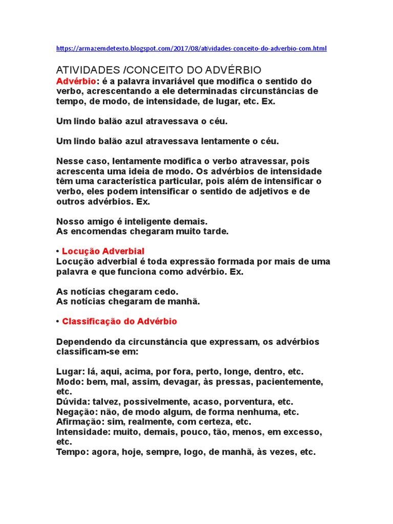 Adverbios Atividades | PDF | Advérbio | Unidades semânticas
