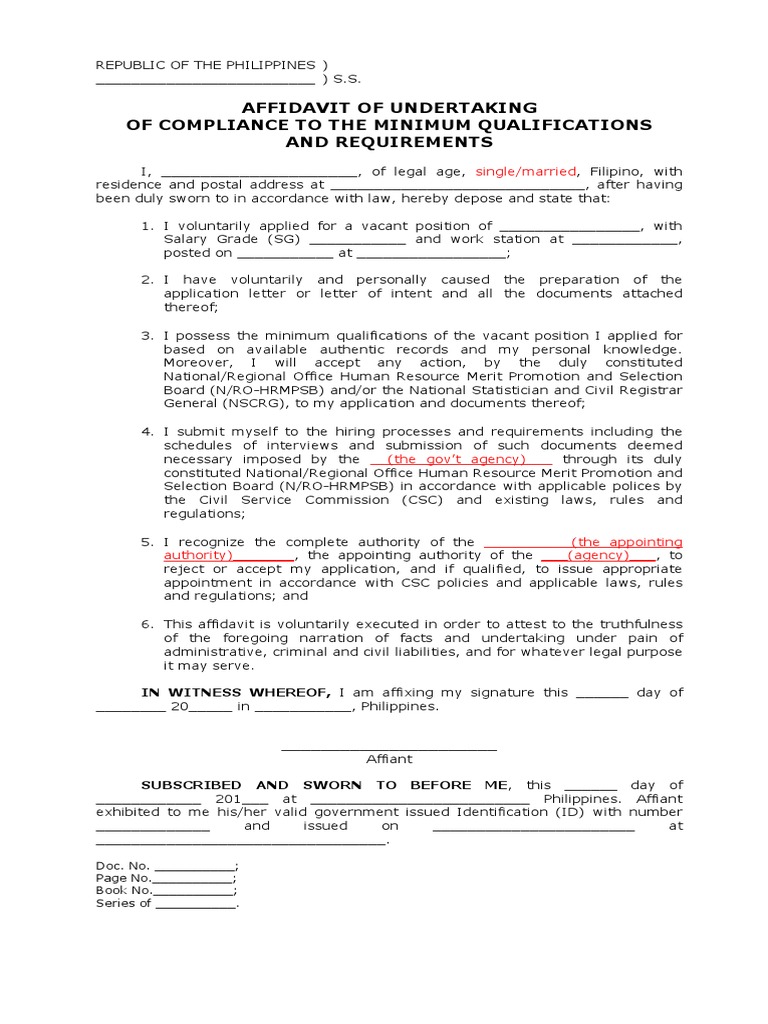 Affidavit of Undertaking of Compliance To The Minimum Qualifications and Requirements | PDF ...