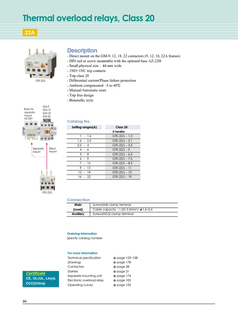 Thermal Overload Relays Class 20 | PDF | Relay | Screw