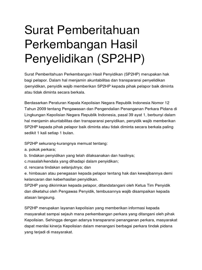 Surat Pemberitahuan Perkembangan Hasil Penyelidikan (SP2HP) | PDF | Ilmu Sosial