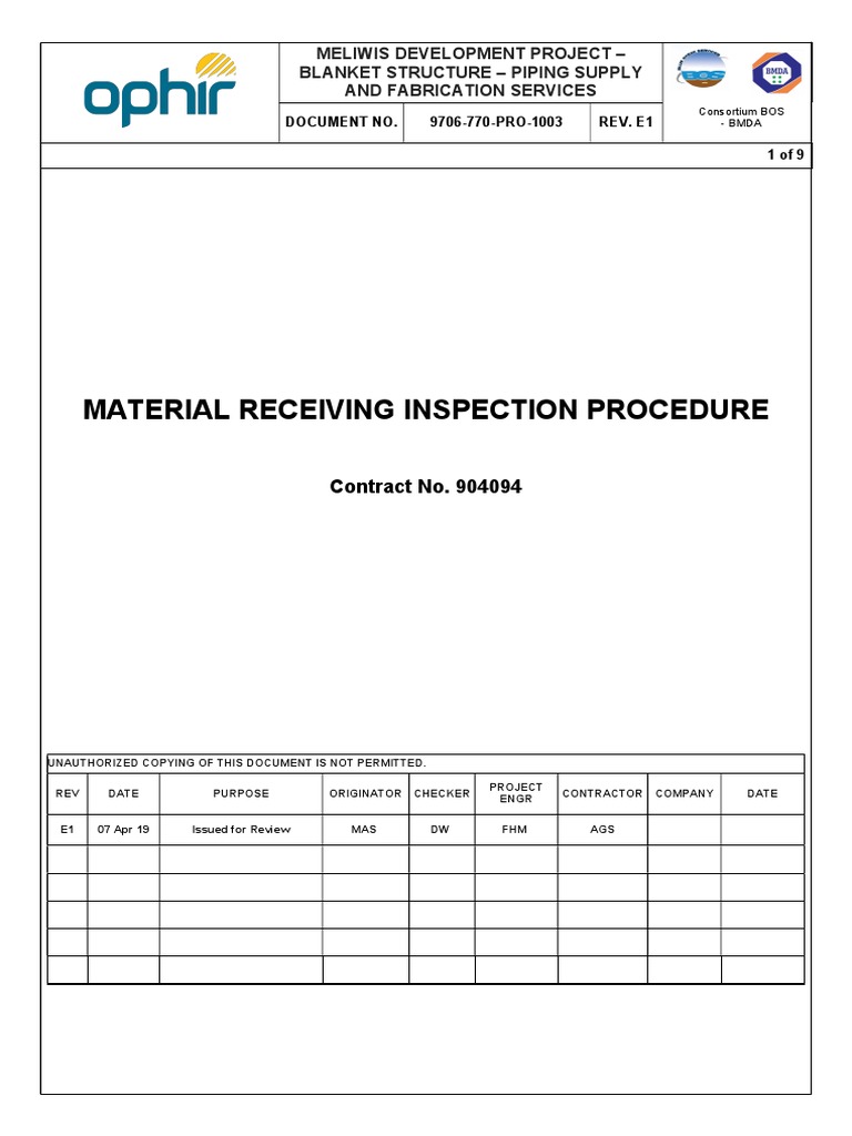 9706-770-PRO-1003 Rev E1 Material Receiving Inspection Procedure | PDF ...