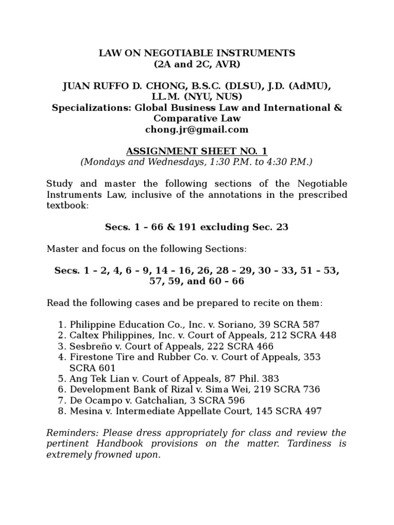 Negotiable Instruments Law Assignment: Mastering Key Provisions and ...