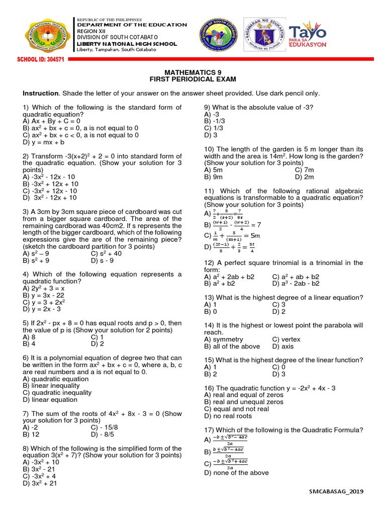 First Periodical Exam in Mathematics 9 | PDF | Quadratic Equation ...