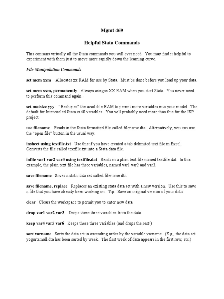 MGMT 469 Helpful Stata Commands | PDF | Regression Analysis | Standard Deviation
