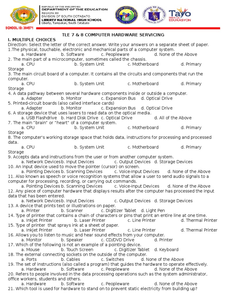 Tle 7 & 8 Computer Hardware Servicing I. Multiple Choices | PDF ...