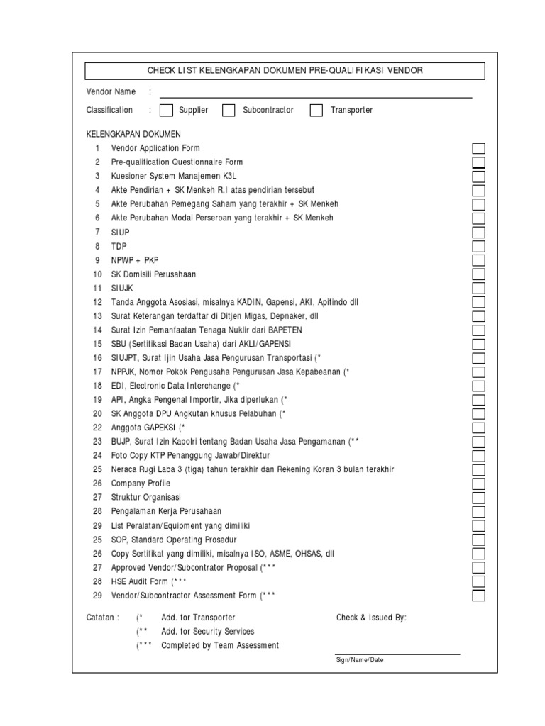 Checklist Dokumen Pre-Kualifikasi Vendor | PDF