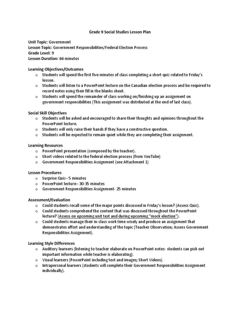 Grade 9 Social Studies Lesson Plan | PDF | Lesson Plan | Education Theory