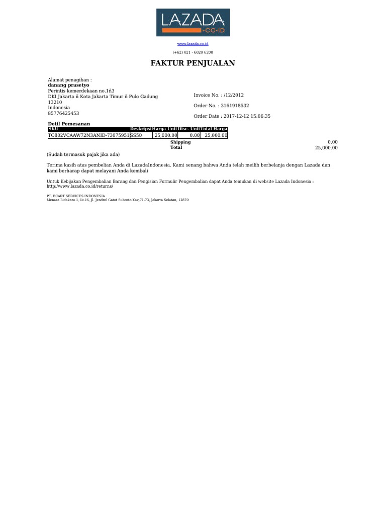 Invoice Lazada Pulsa Des | PDF