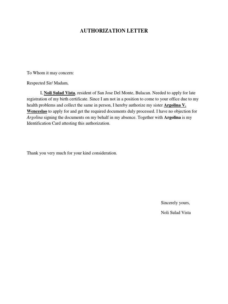 Authorization Letter for Birth Certificate Registration | PDF