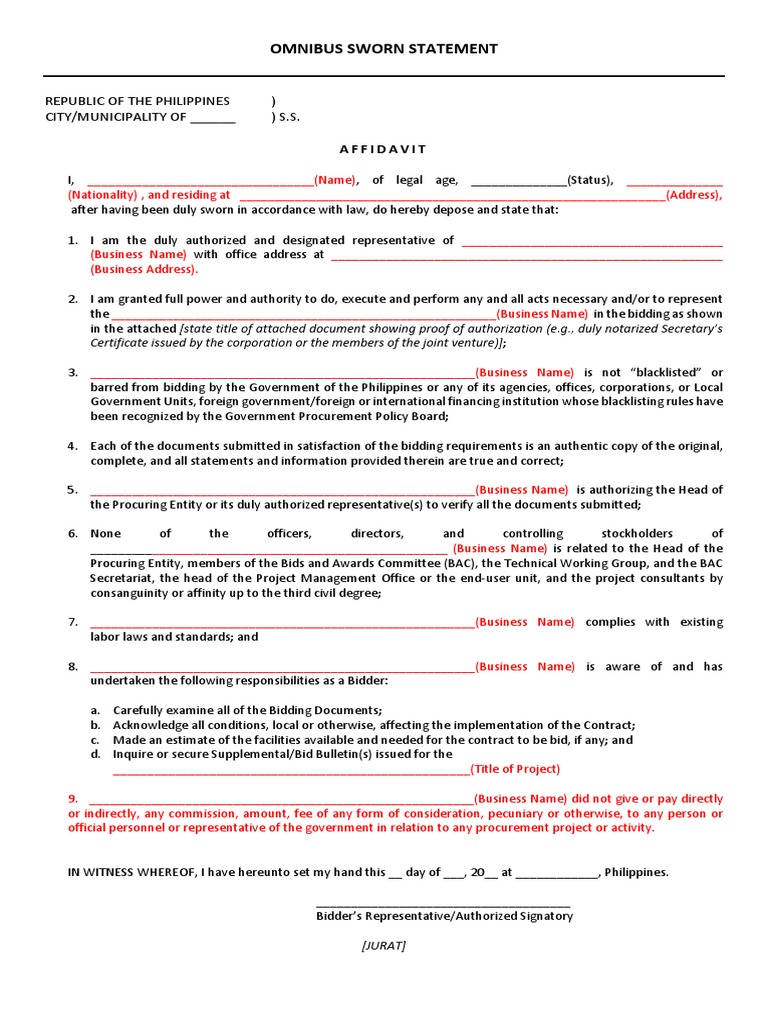 Omnibus Sworn Statement (Blank Template) - Corp | PDF | Notary Public ...