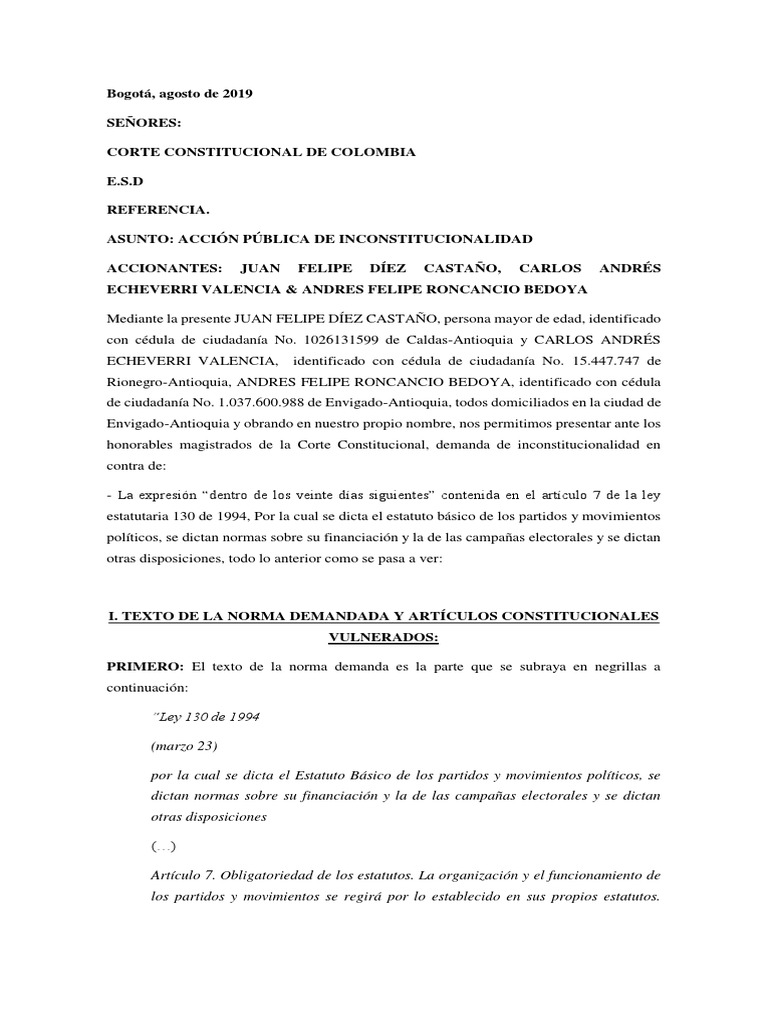 Demanda de Inconstitucionalidad Contra La Ley 130 de 1994 Texto Final ...