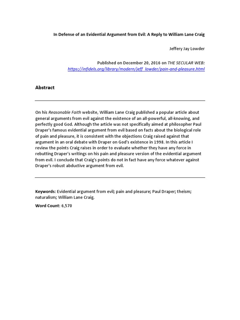 Jeffery Jay Lowder, in Defense of The Evidential Argument For A Reply ...