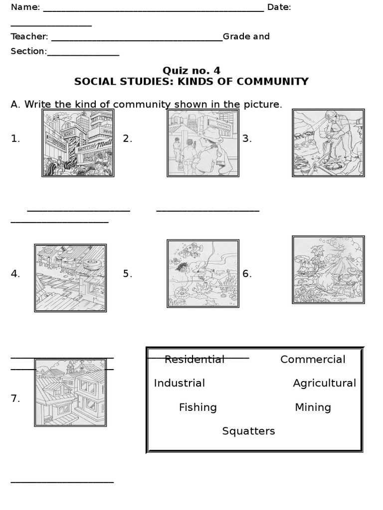 Quiz No. 4 Social Studies: Kinds of Community: A. Write The Kind of ...