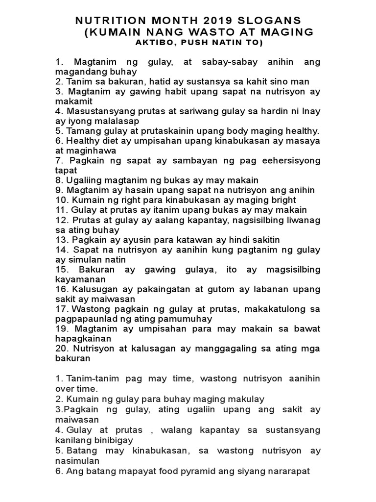 Nutrition Month 2019 Slogans (Kumain Nang Wasto at Maging: Aktibo, Push ...