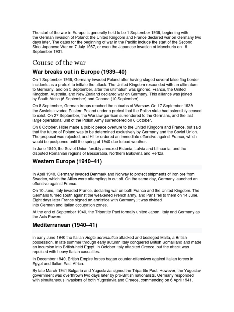 Course of The War: War Breaks Out in Europe (1939 - 40) | PDF | World ...
