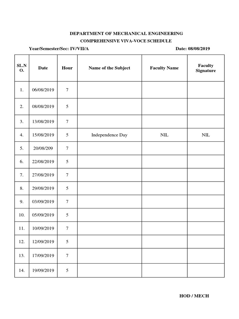 Department of Mechanical Engineering: Comprehensive Viva-Voce Schedule | PDF