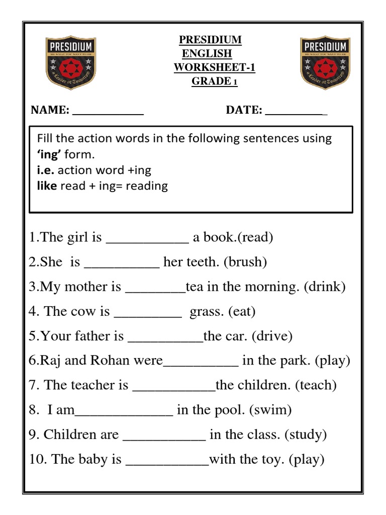Fill The Action Words in The Following Sentences Using: Ing' Form. I.E ...