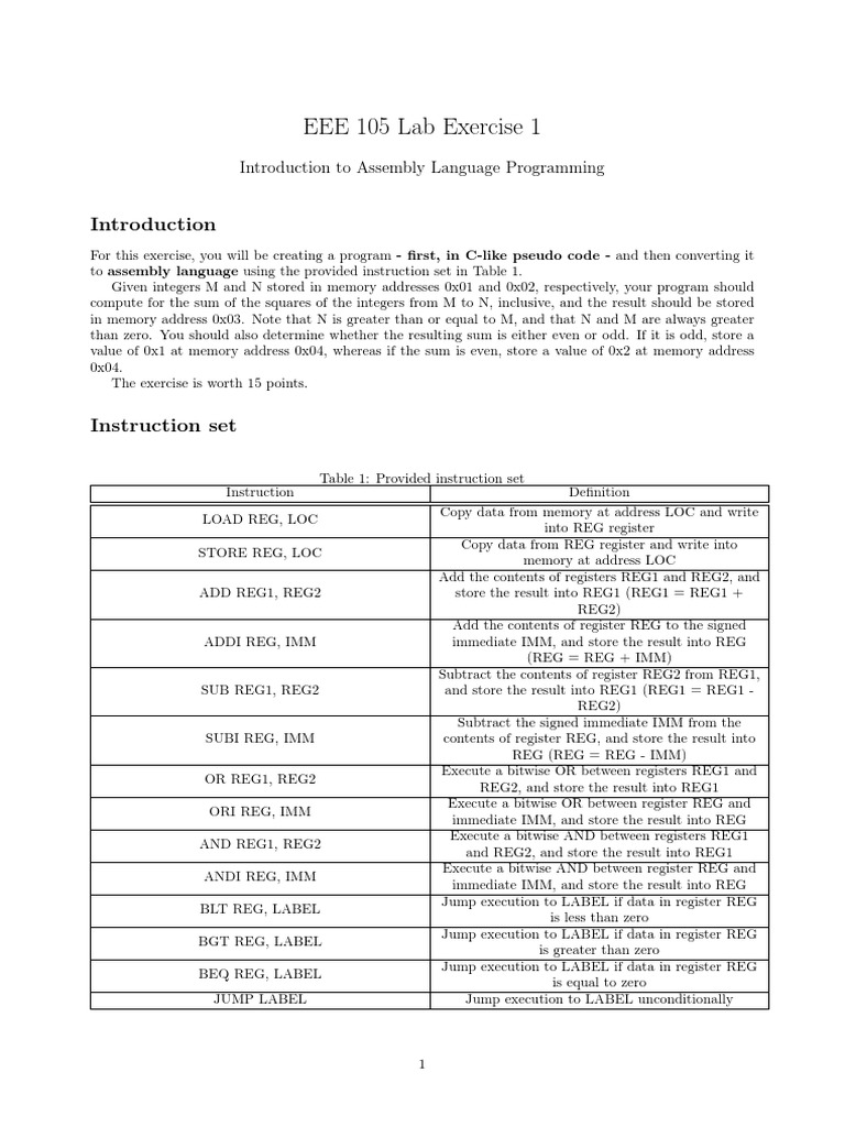EEE 105 Lab Exercise 1: Introduction To Assembly Language Programming ...