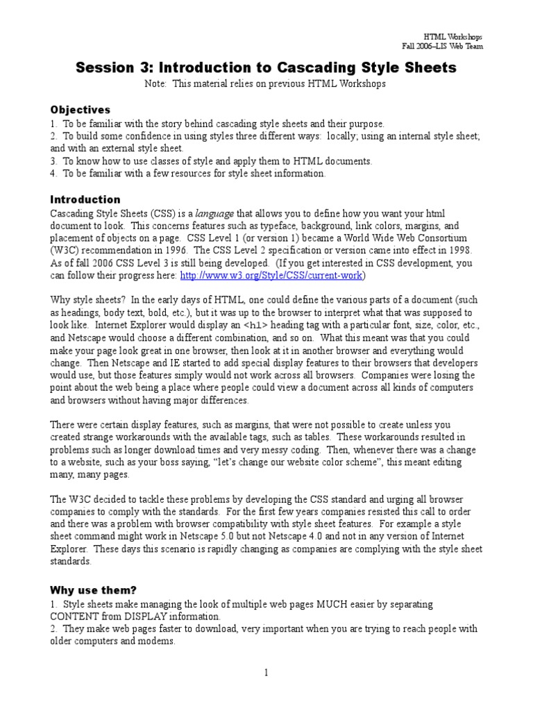 Session 3: Introduction To Cascading Style Sheets: HTML Workshops Fall 2006-LIS Web Team | PDF ...