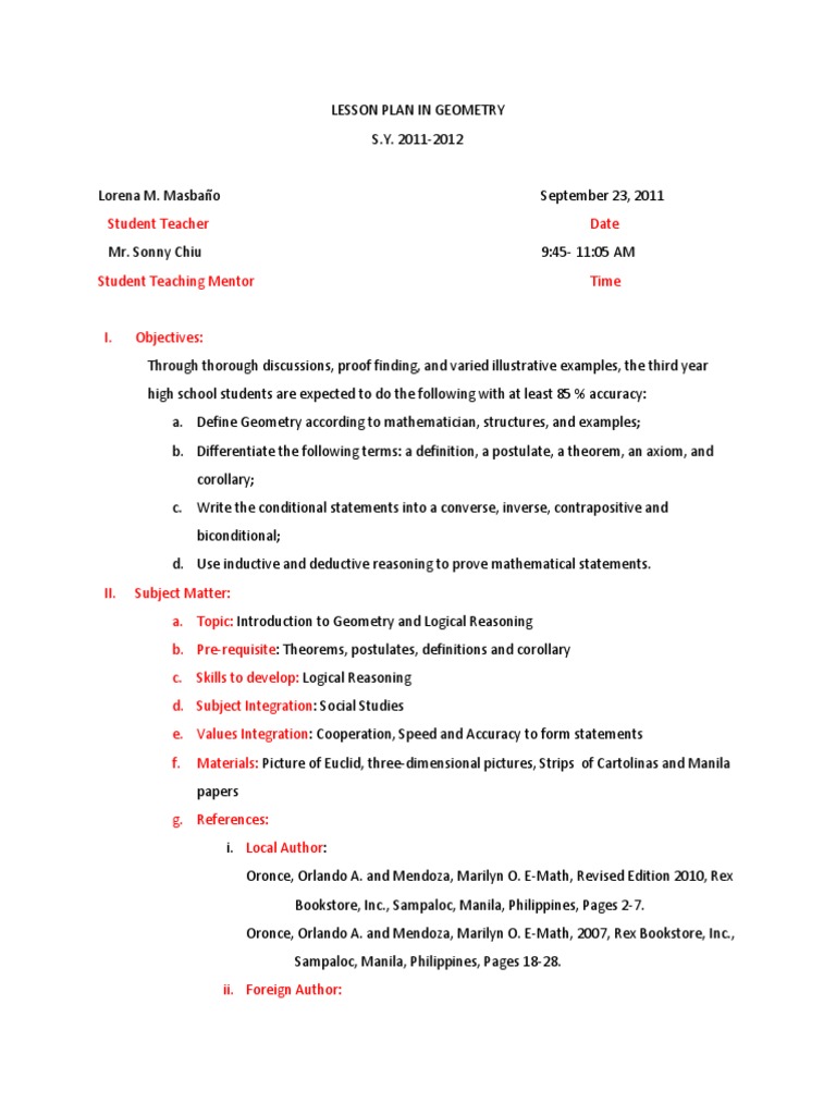 LESSON PLAN in Geometry PDF | Download Free PDF | Deductive Reasoning ...