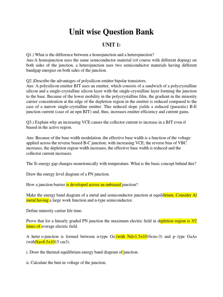 Unit Wise Question Bank | PDF | P–N Junction | Bipolar Junction Transistor
