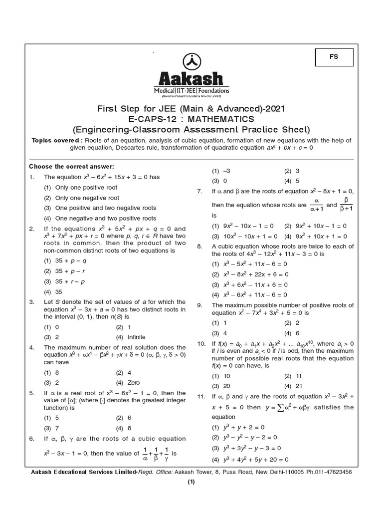 Sheet From Aakash | PDF | Quadratic Equation | Equations