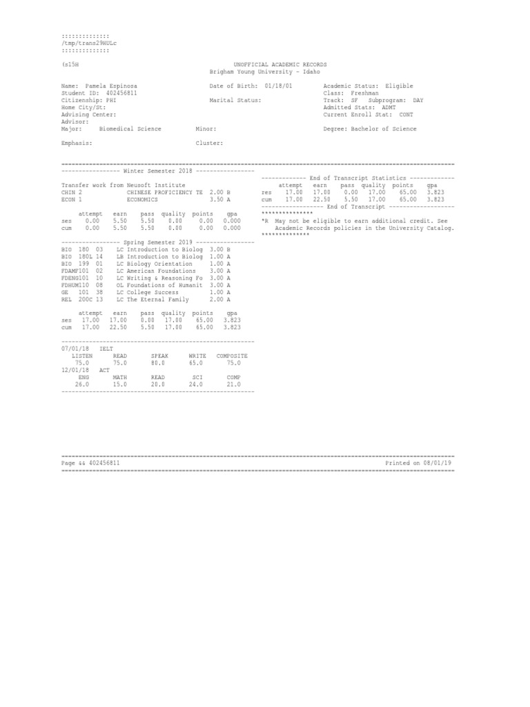 Unofficial Transcript PDF | PDF | Behavior Modification | Academia