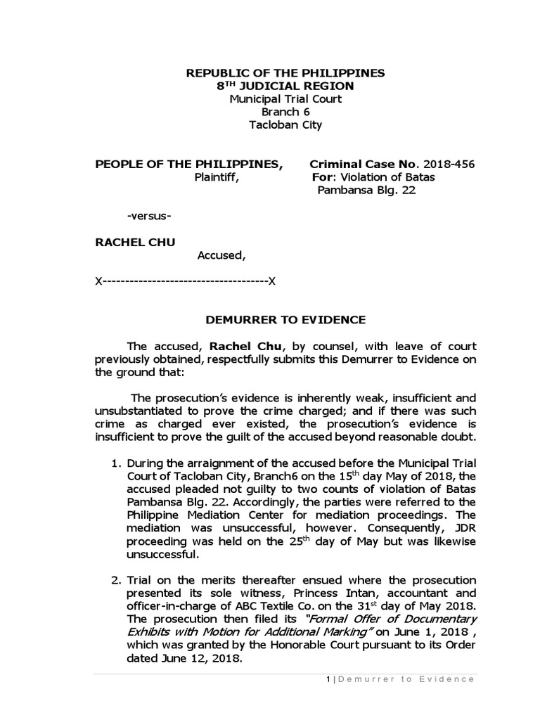 Demurrer To Evidence | PDF | Demurrer | Reasonable Doubt