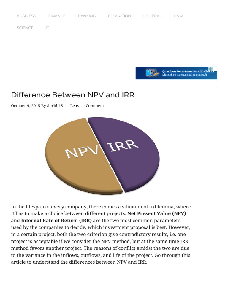 Difference Between NPV and IRR (With Comparison Chart) - Key Differences | PDF | Net Present ...