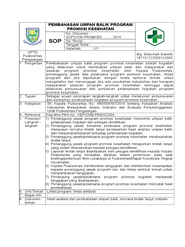 4.1.2.3 SOP Umpan Balik Promkes | PDF | Sains & Matematika