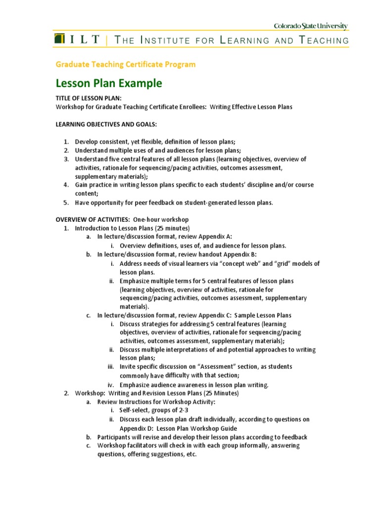 Lesson Plan Example: Graduate Teaching Certificate Program | PDF ...