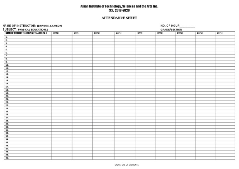 Attendance Sheet: Jerwin E. Samson - Physical Education 1 GRADE/SECTION ...