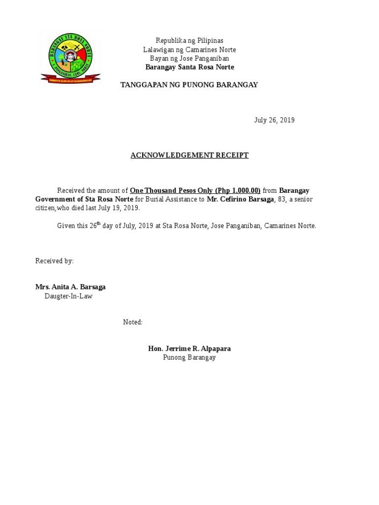 Acknowledgement Receipt For Burial Assistance - Odt | PDF