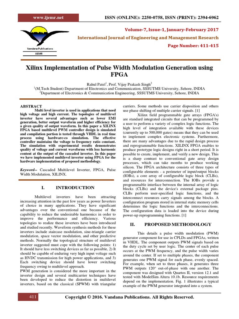 Xilinx Implementation Of Pulse Width Modulation Generation Using Fpga Pdf Power Inverter