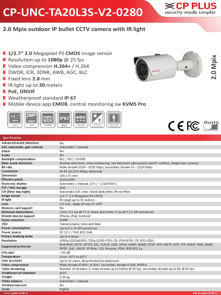 CP-UNC-TA20L3S-V2-0280: 2.0 Mpix Outdoor IP Bullet CCTV Camera With IR ...