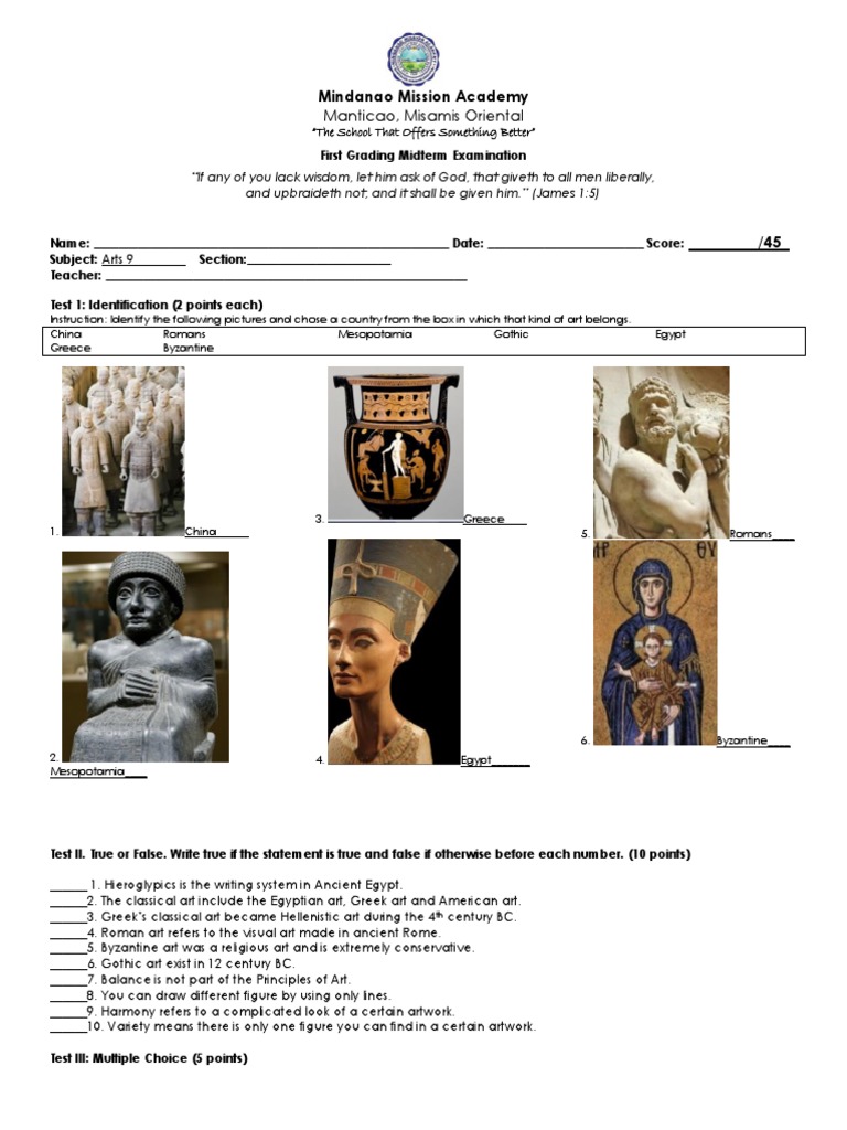 Arts 9 1st Midterm Exam | PDF | Ancient Egypt | Greece