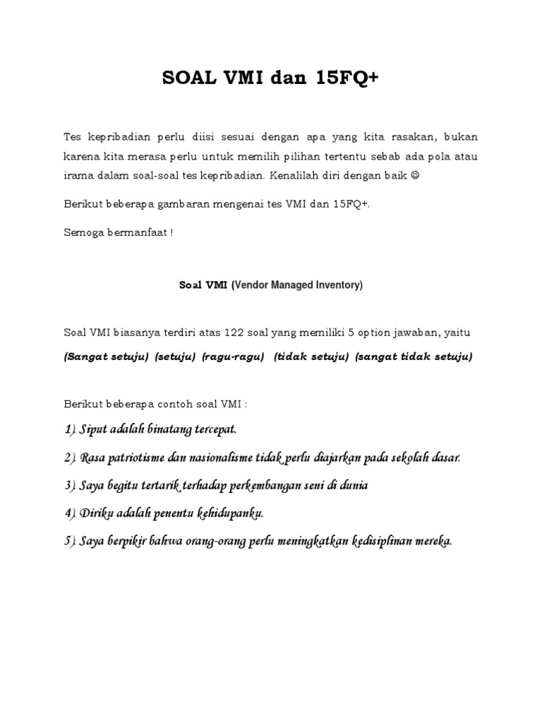 Panduan Tes VMI dan 15FQ+ | PDF | Karier & Perkembangan | Gaya Hidup