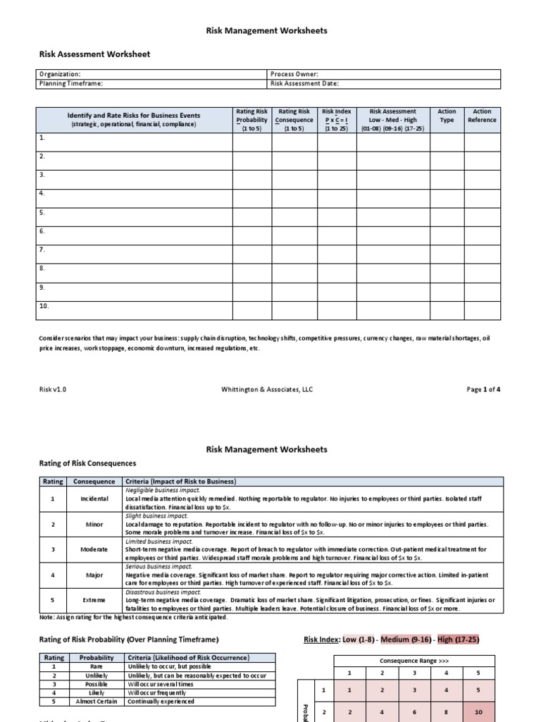 Risk Management Worksheets Risk Assessment Worksheet | Download Free ...