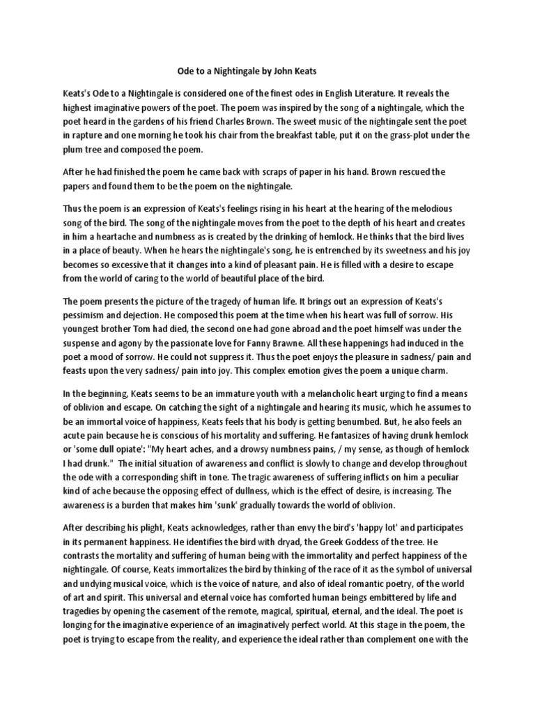 Ode To A Nightingale by John Keats | PDF | John Keats | Poetry