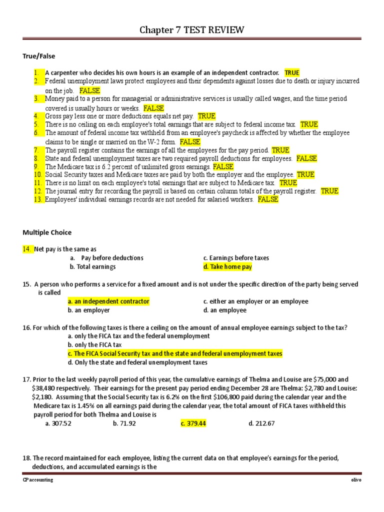 Chapter 7 TEST REVIEW: True/False | PDF | Payroll Tax | Federal ...