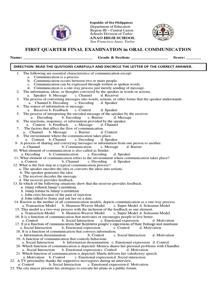 TOS in Oral Communication IA | PDF | Neuropsychological Assessment ...