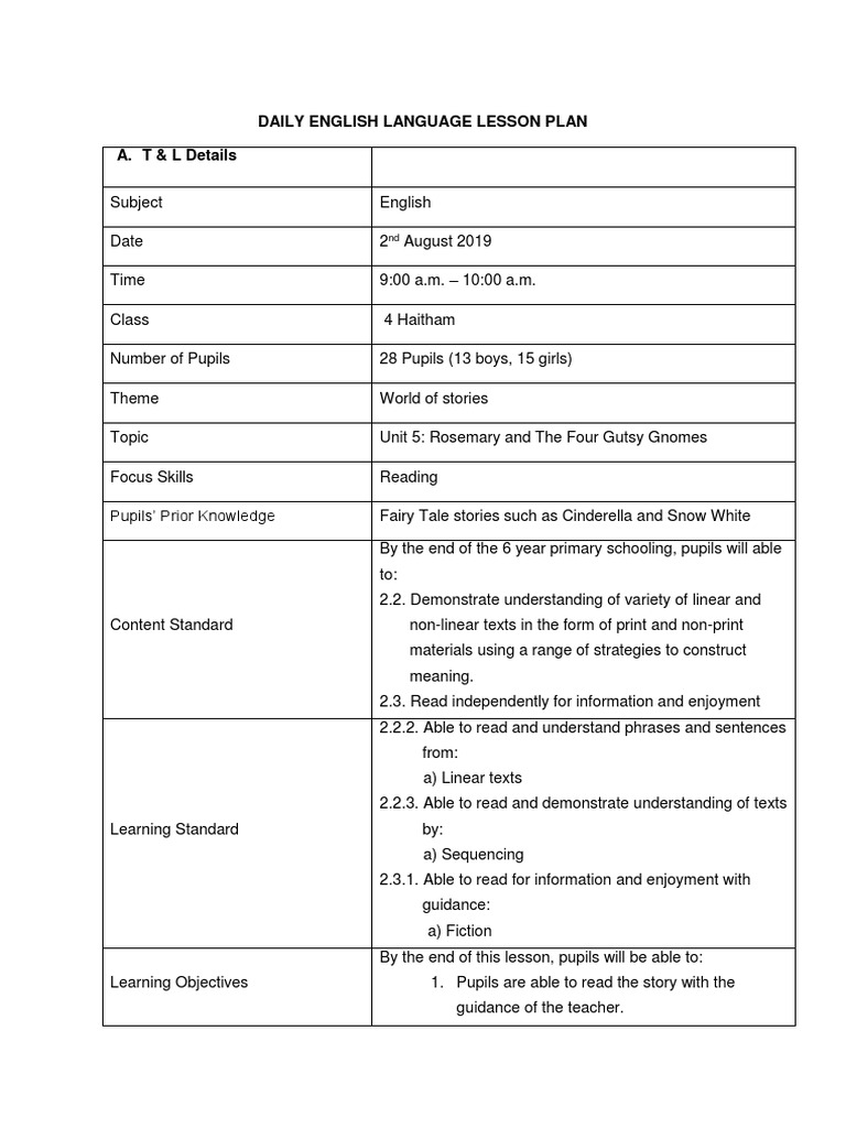Daily English Language Lesson Plan A. T & L Details | PDF | Lesson Plan ...